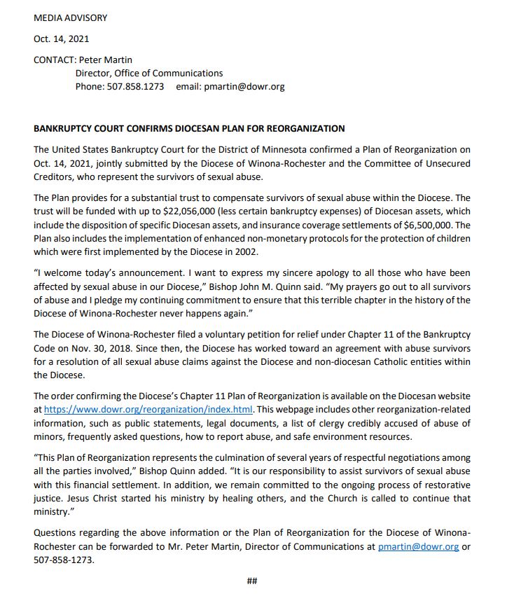 The order confirming the Diocese's Chapter 11 Plan of Reorganization is ...